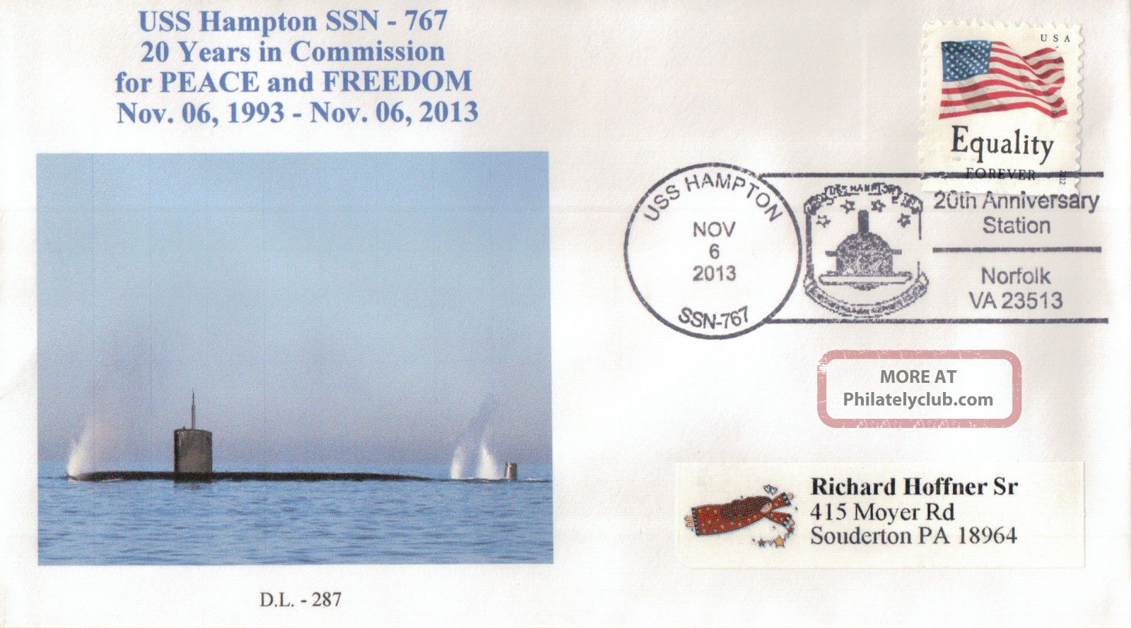Uss Hampton Ssn - 767 20th Anniv. In Commission 2013 Cachet By Lange