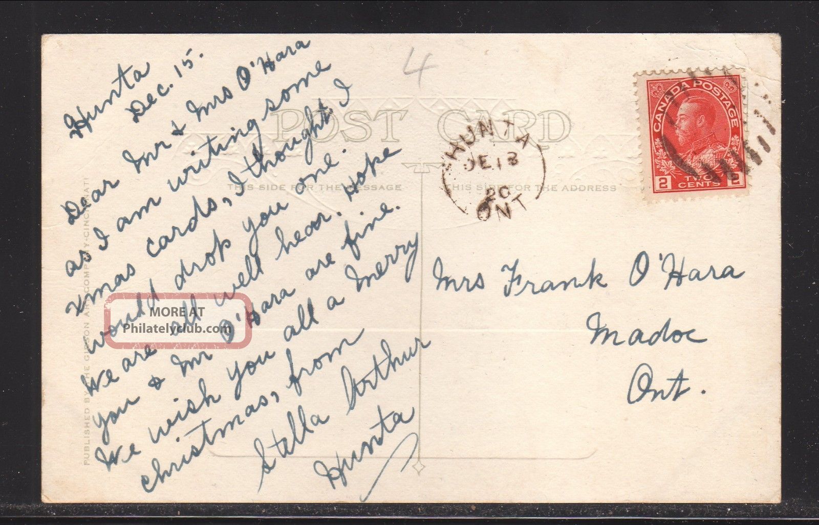 1920 Christmas Postcard - - Hunta, Ontario Duplex Hand Cancel