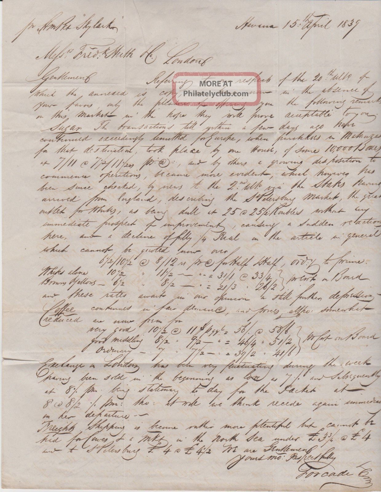 Transatlantic Stampless 1839 Falmouth Packet Havana To London Skylark ...