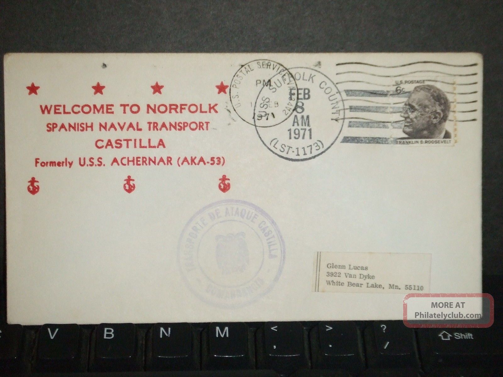Uss Suffolk County Lst - 1173 Naval Cover 1971 Spain Castilla Cachet