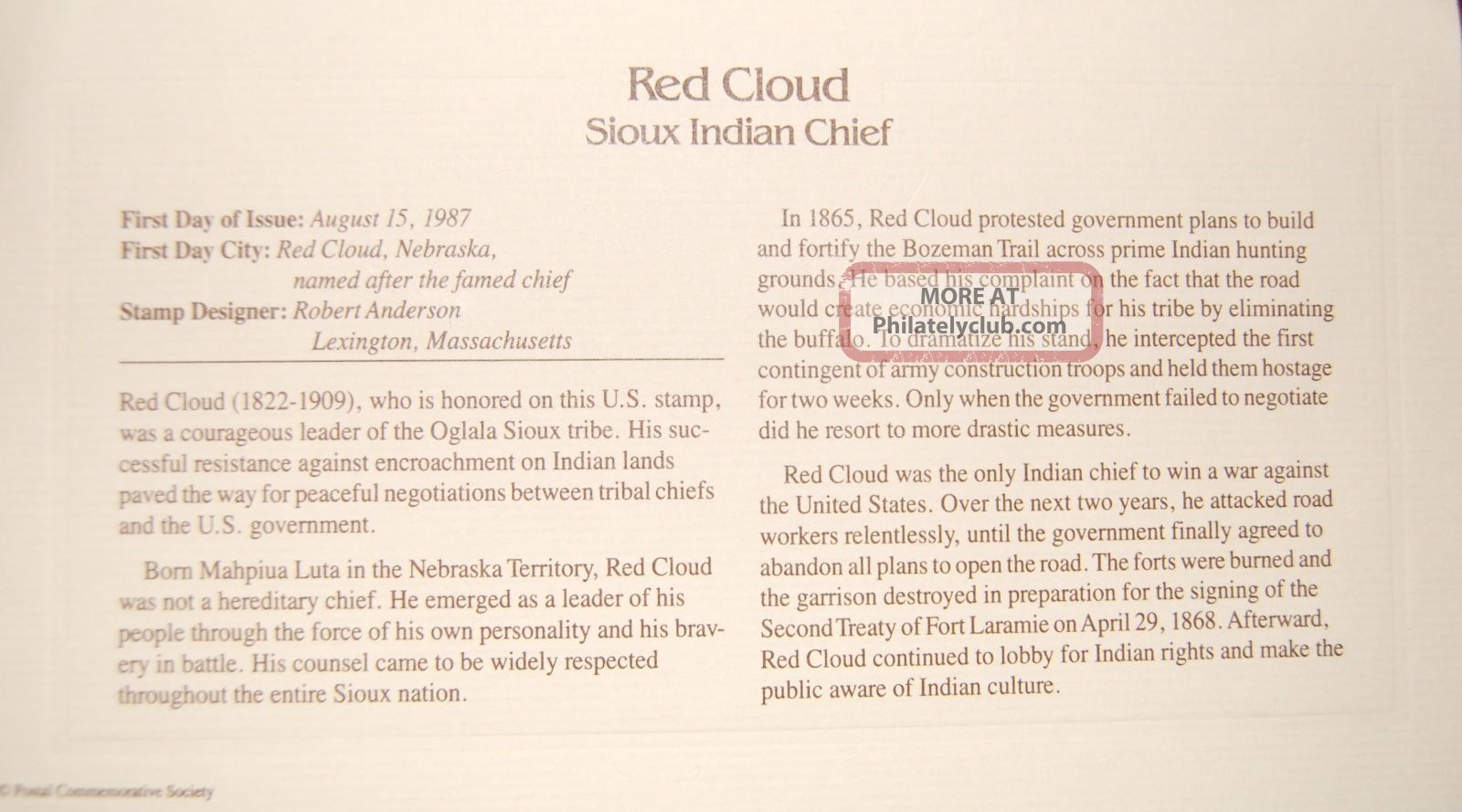 Red Cloud - Sioux Indian Chief - 22 Karat Gold Stamp Replica Fdc, Fdi