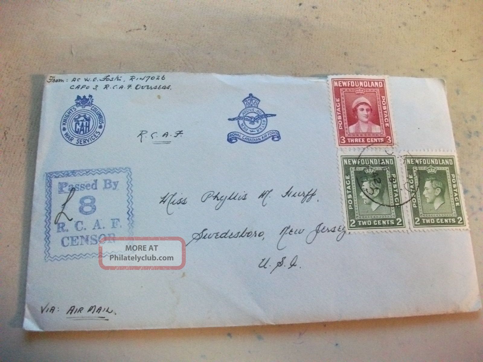 Censor Stamp Cover, Newfoundland To Jersey, Usa. 1942.